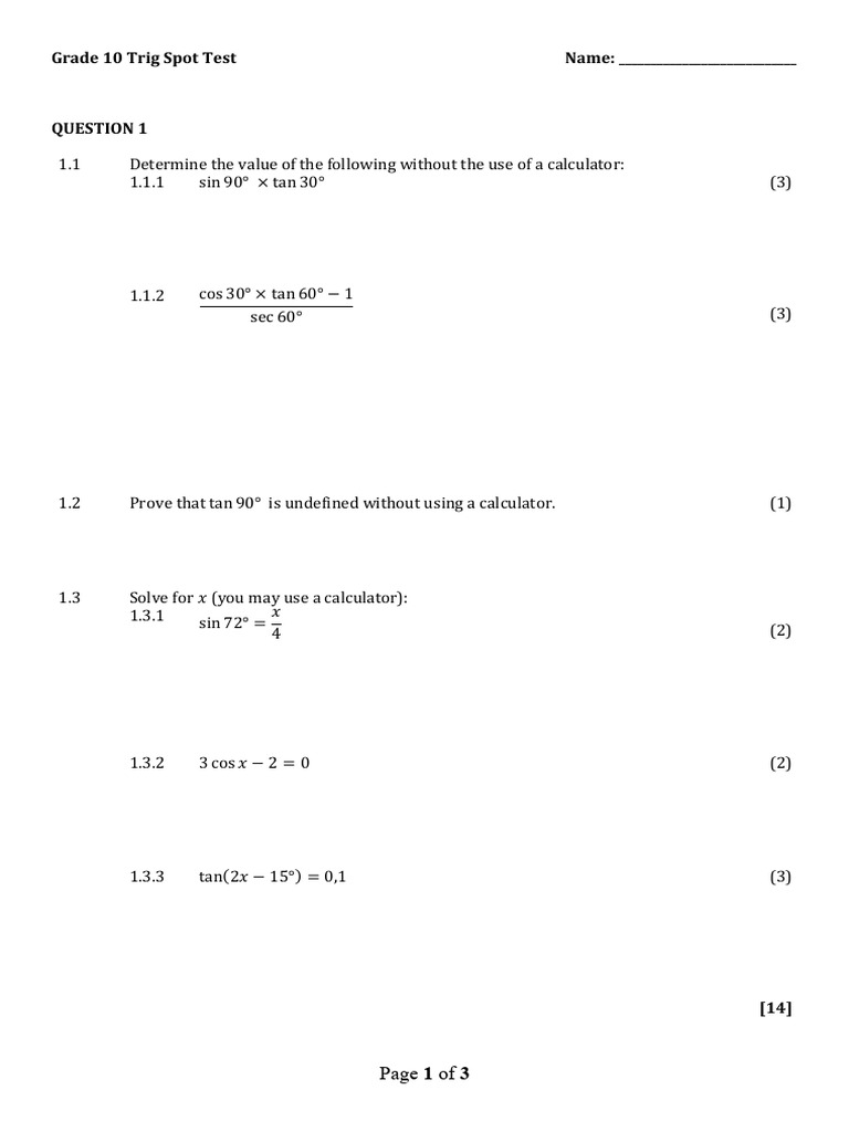 Grade 10 Trigonometry Test Questions | PDF | Mathematics