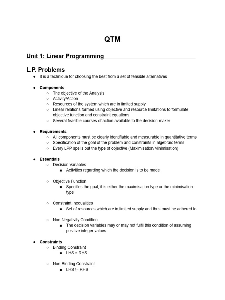 Unit 1: Linear Programming L.P. Problems: Components | PDF | Mathematical Optimization | Linear ...