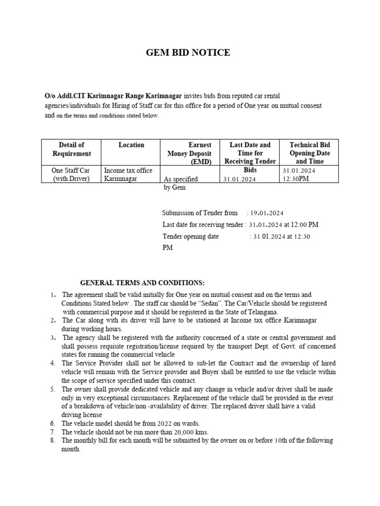 Gem Bid Notice Draft | PDF | Vehicles | Private Law