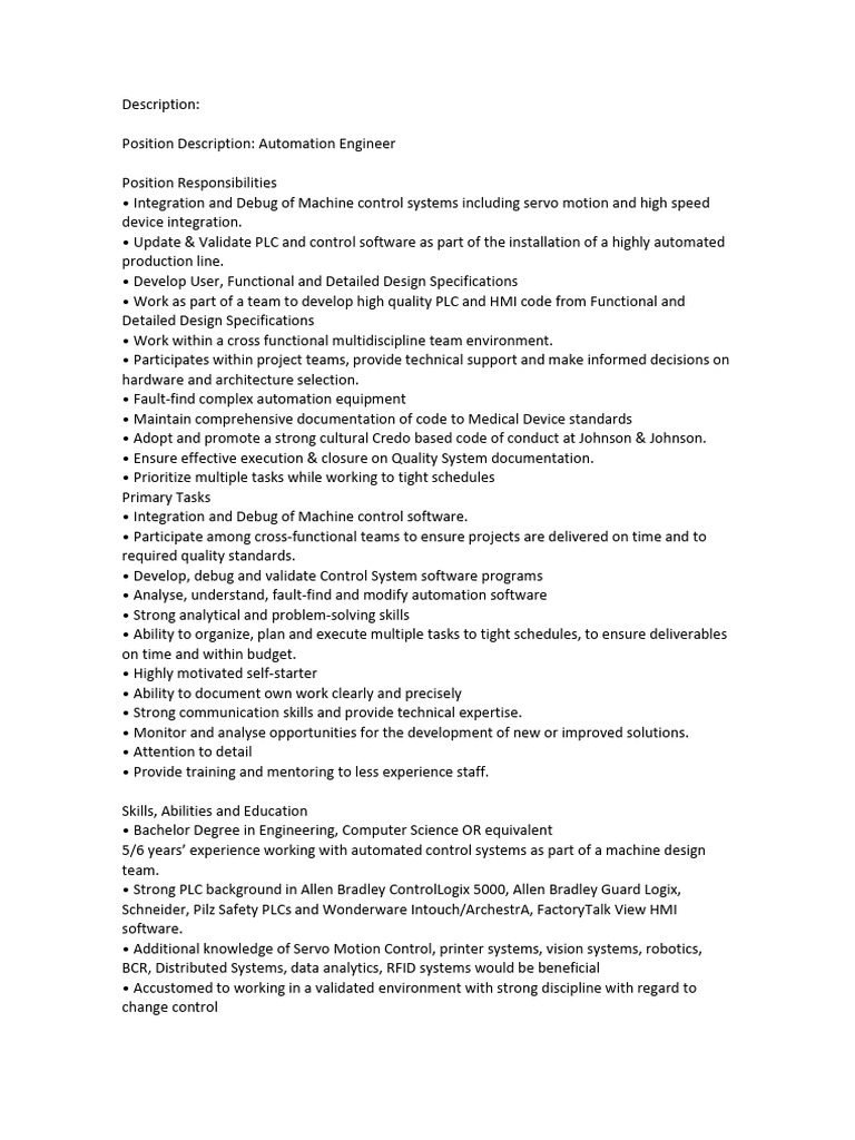 Automation Engineer Job Description | PDF | Computers