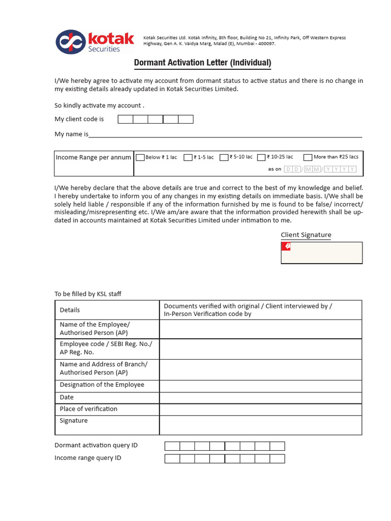 Kotak Dormant Account Activation Form | PDF