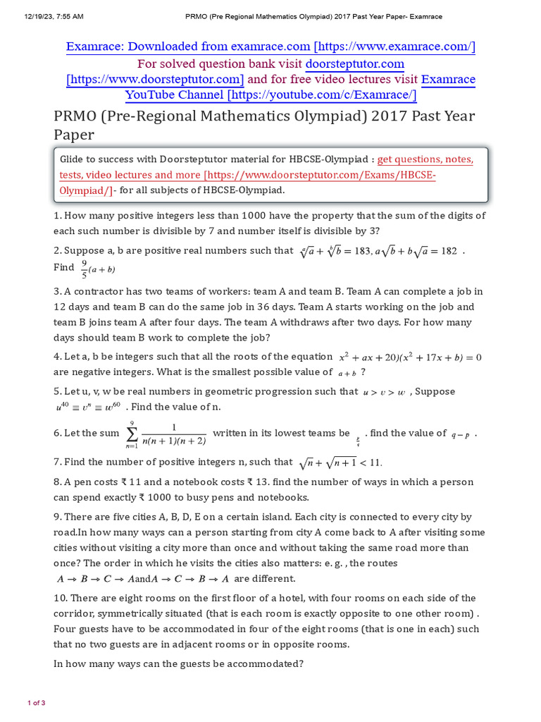 PRMO 2017 Past Paper | PDF | Circle | Numbers