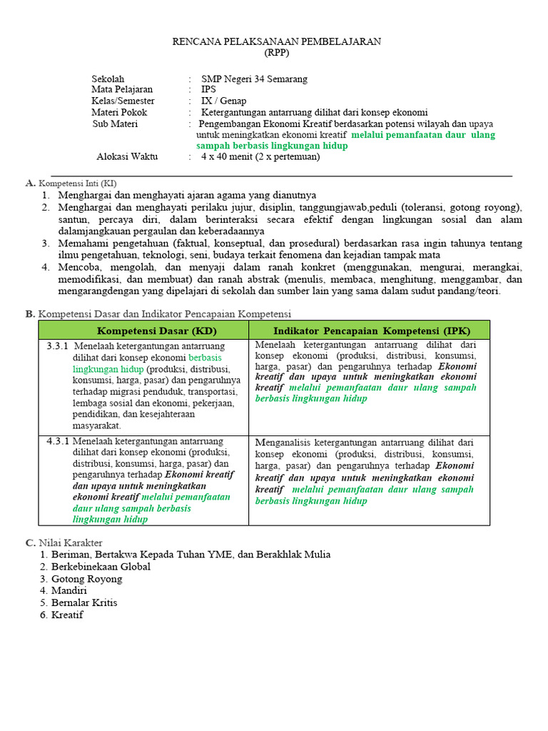RPP Adiwiyata Ips 9 Ekonomi Kreatif | PDF | Seni