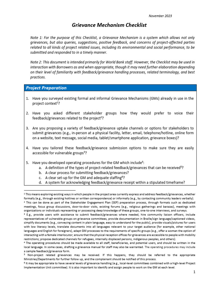 Grievance Mechanism Checklist Nov 2023 | Download Free PDF ...