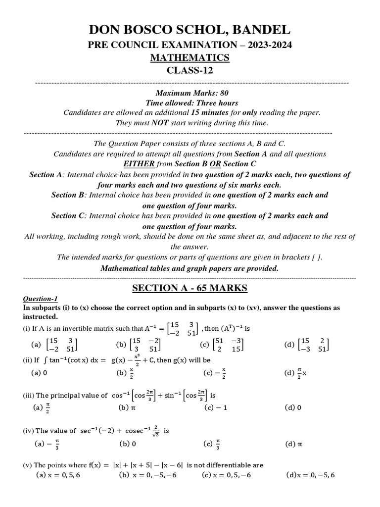 Don Bosco 12-MATHS-PRE - BOARD-2023-24 | PDF | Mathematical Concepts | Applied Mathematics