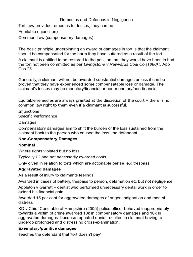 Remedies and Defences in Negligence NOTES | PDF | Damages | Tort