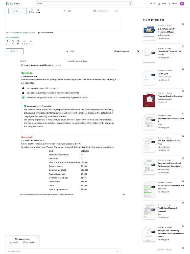 Wiley CFA Test Bank 180408 (40 Preguntas) - PDF - Net Present Value ...