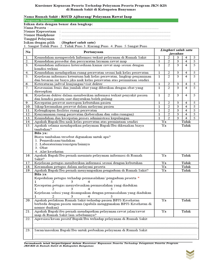 Kuesioner Kepuasan Peserta Terhadap Pelayanan Peserta Program JKN | PDF