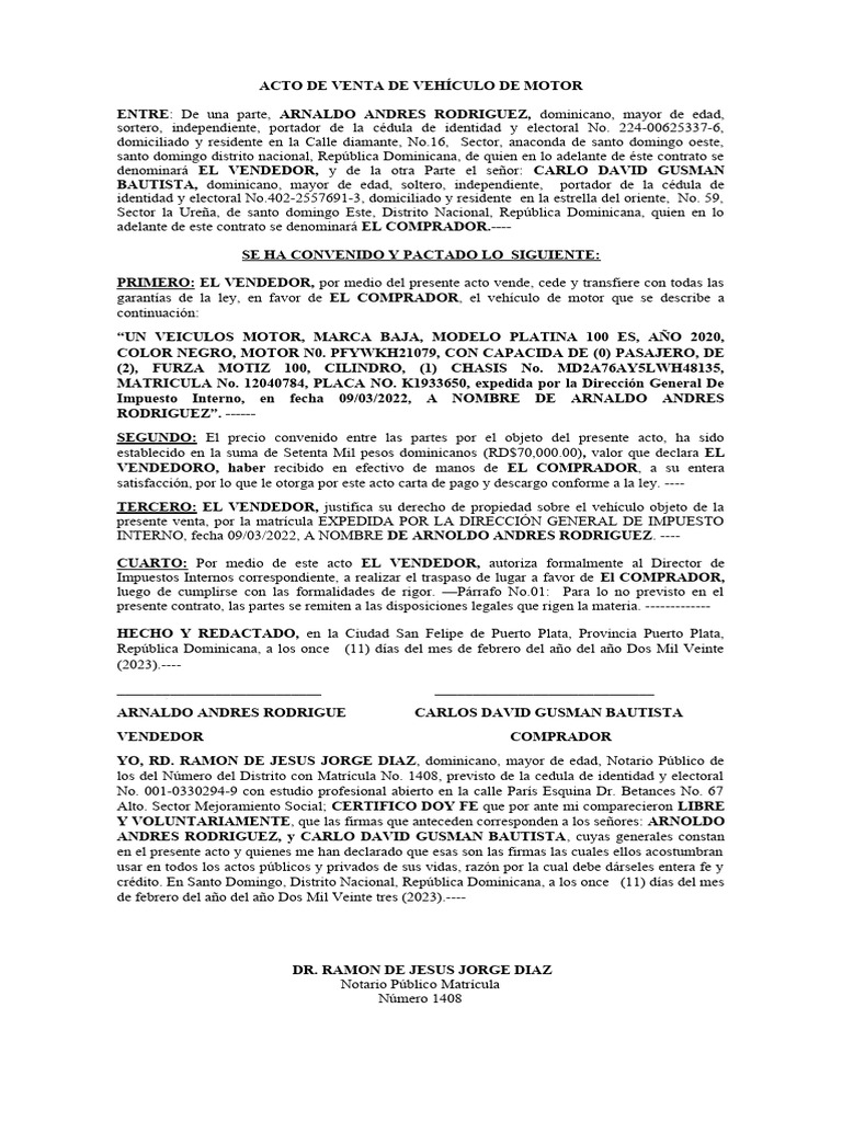 Acta de Venta de Vehículo 2023 | PDF | República Dominicana