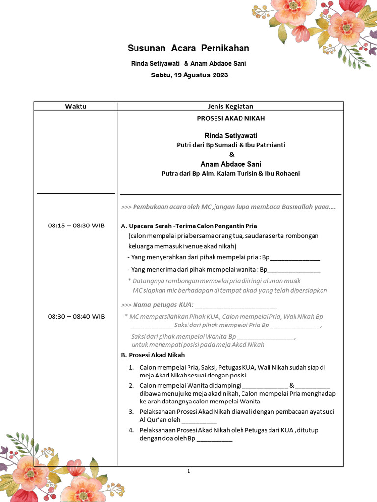 Rundown Rinda Anam Wedding | PDF