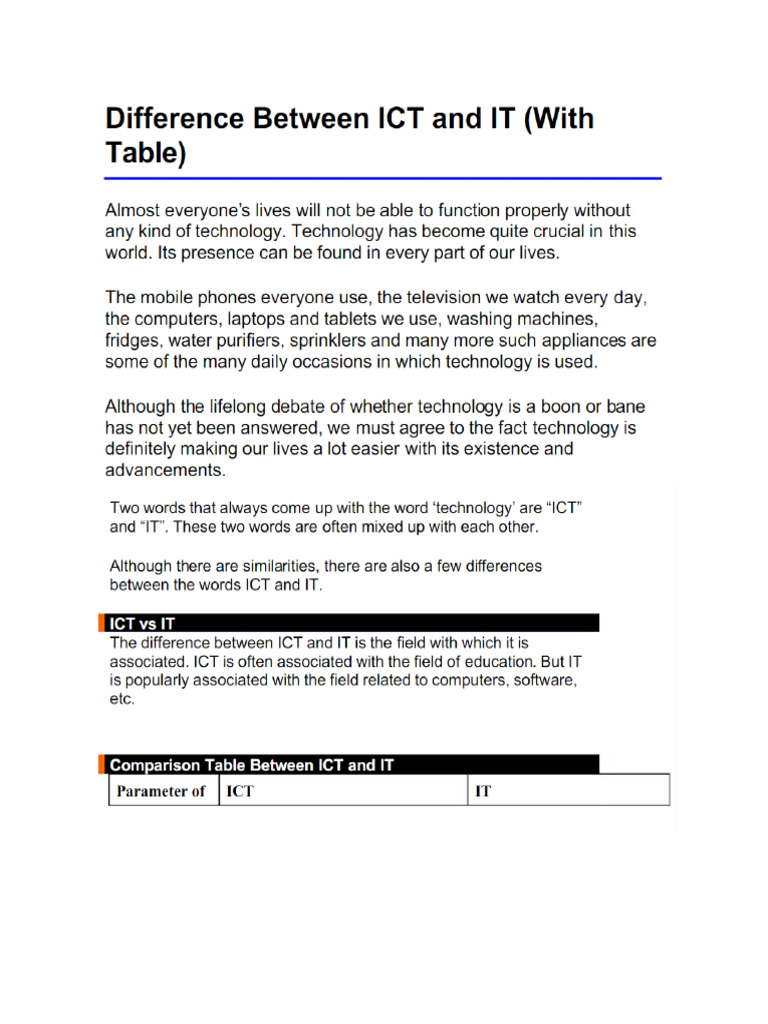 Difference Between ICT and IT | PDF