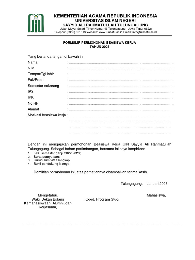 Form Beasiswa Kerja 2023 | PDF