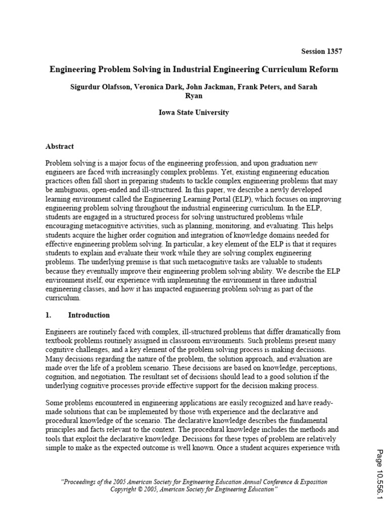 Engineering Problem Solving in Industrial Engineering Curriculum Reform | PDF | Metacognition ...