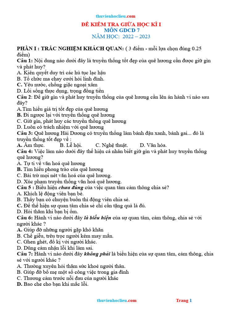 De Thi Giua HK1 GDCD 7 Nam 2022 2023 | PDF
