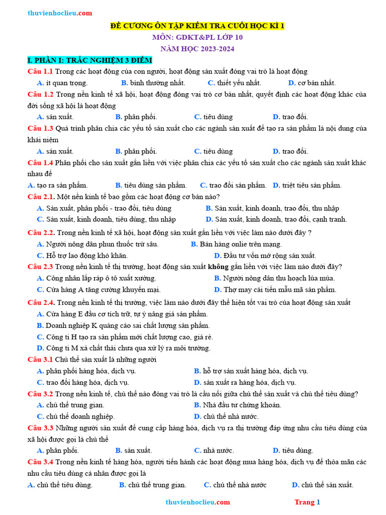 De Cuong On Tap GD KT Va PL 10 HK1 23 24 | PDF