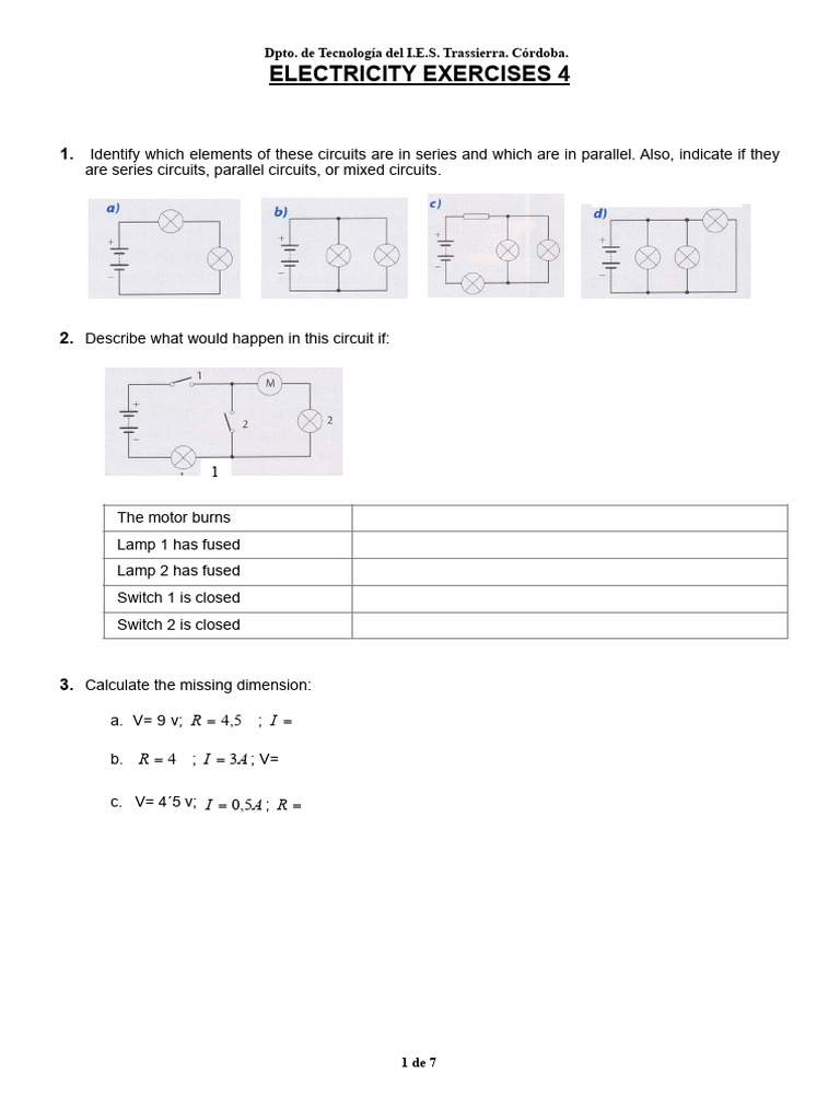 Electricity 4 Exercises | PDF | Electrical Network | Electrical Resistance And Conductance