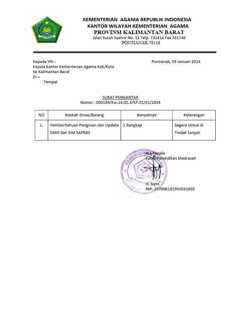 Surat Pengantar Update Emis Dan SIM SAPRAS | PDF