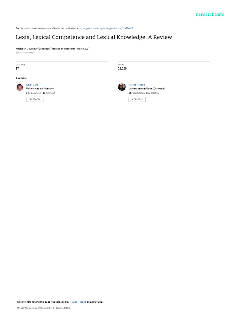 Lexis Lexical Competence and Lexical Knowledge A R | PDF | Lexicon | Vocabulary