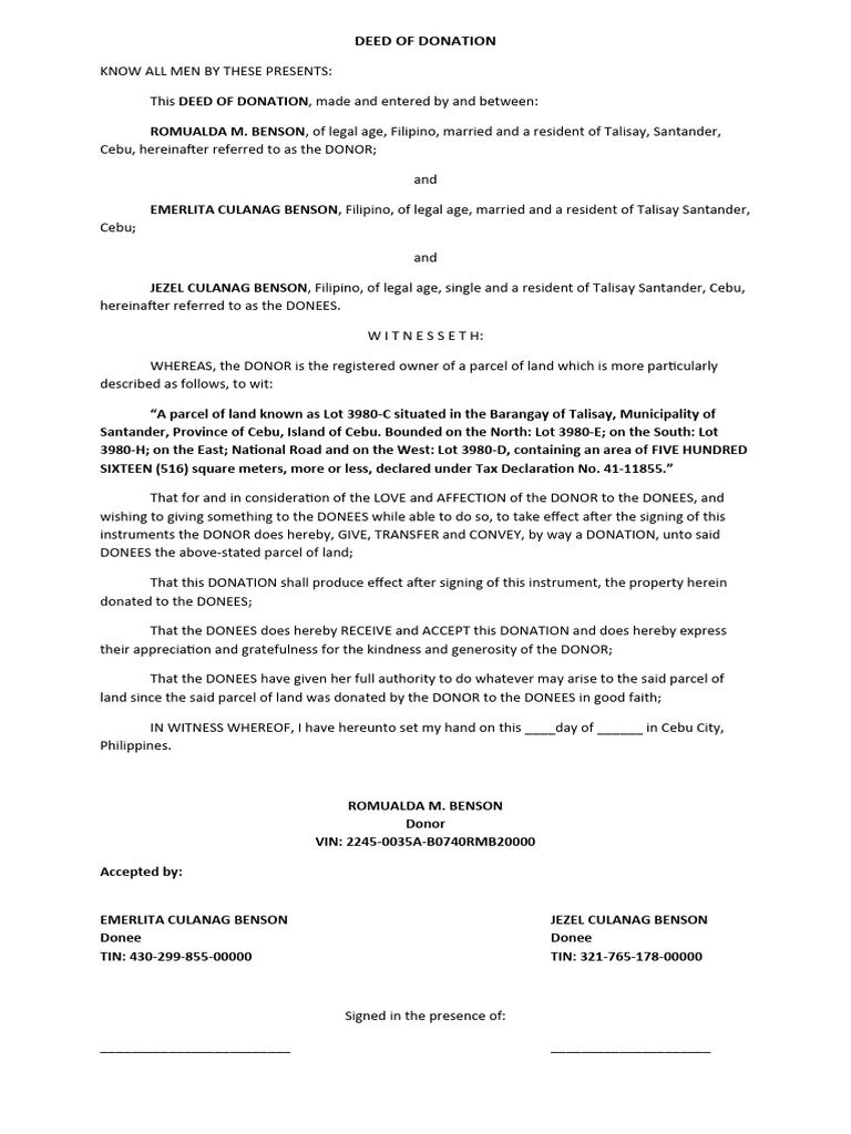 DEED OF DONATION | PDF | Land Lot | Real Property Law