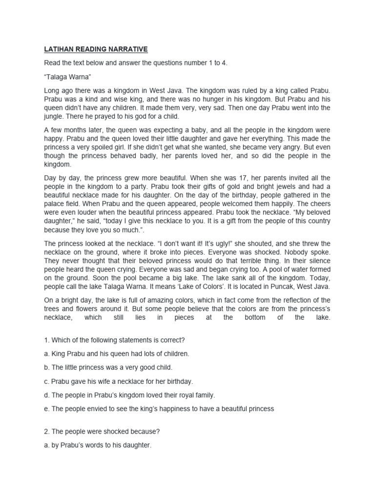 Narrative Reading Exercise: Talaga Warna | PDF