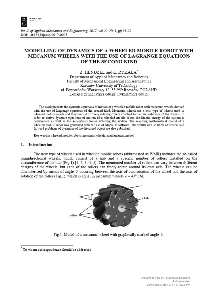 Modelling of Dynamics of A Wheeled Mobile Robot Wi | PDF | Lagrangian Mechanics | Rotation ...