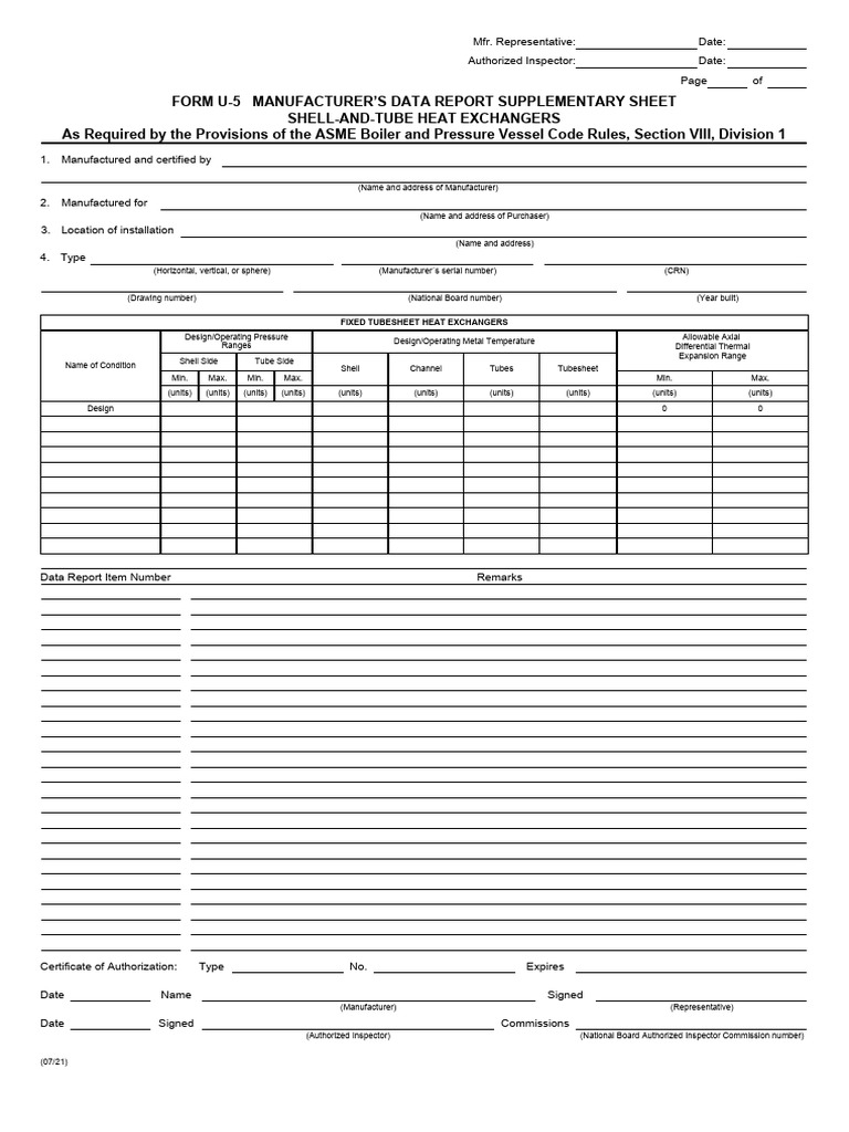 FORM U-5 MANUFACTURERS DATA REPORT SUPPLEMENTARY SHEET SHELL AND TUBE ... FORM U-5 MANUFACTURERS DATA REPORT SUPPLEMENTARY SHEET SHELL AND TUBE ...