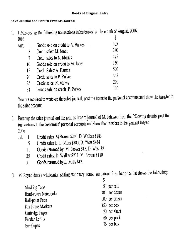 Books of Original Entry Worksheet | PDF