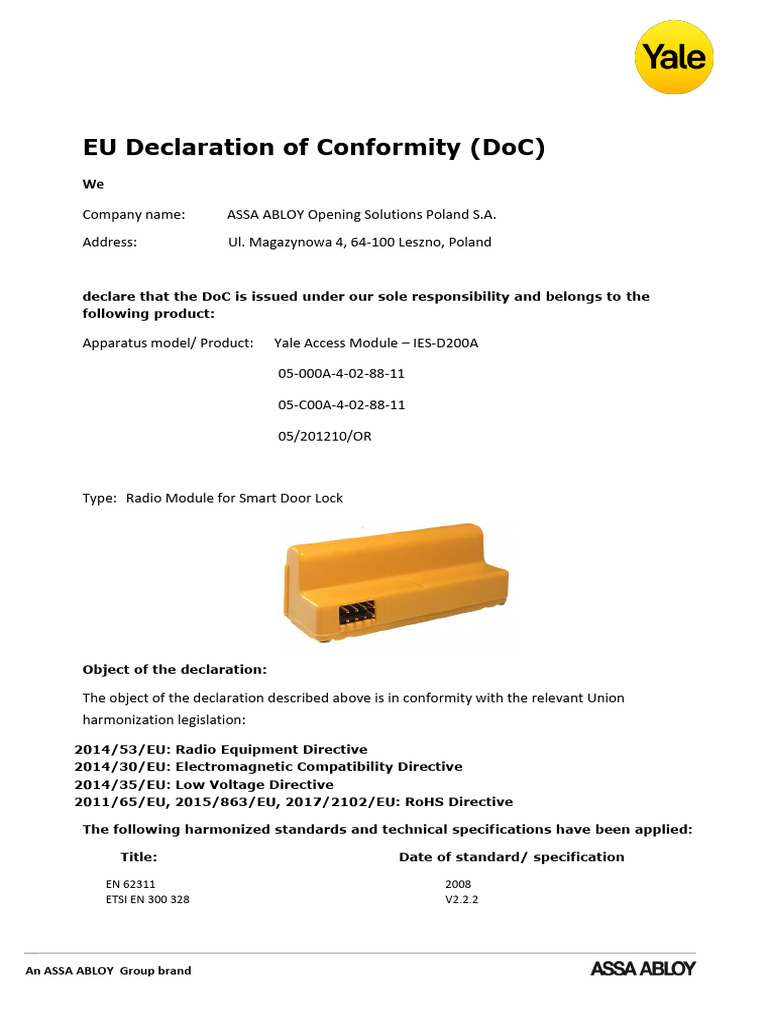 Yale Access Module - Declaration of Conformity - EN | PDF | Information And Communications ...