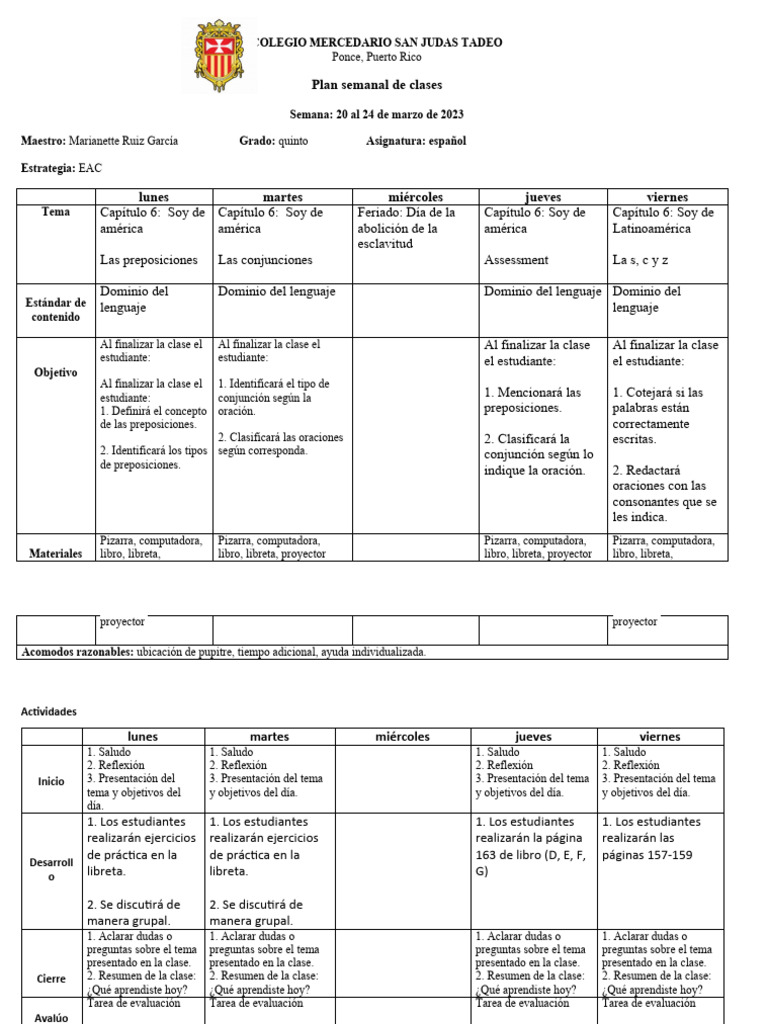 Planificación 20-24 de Marzo Quinto Grado | PDF | Evaluación