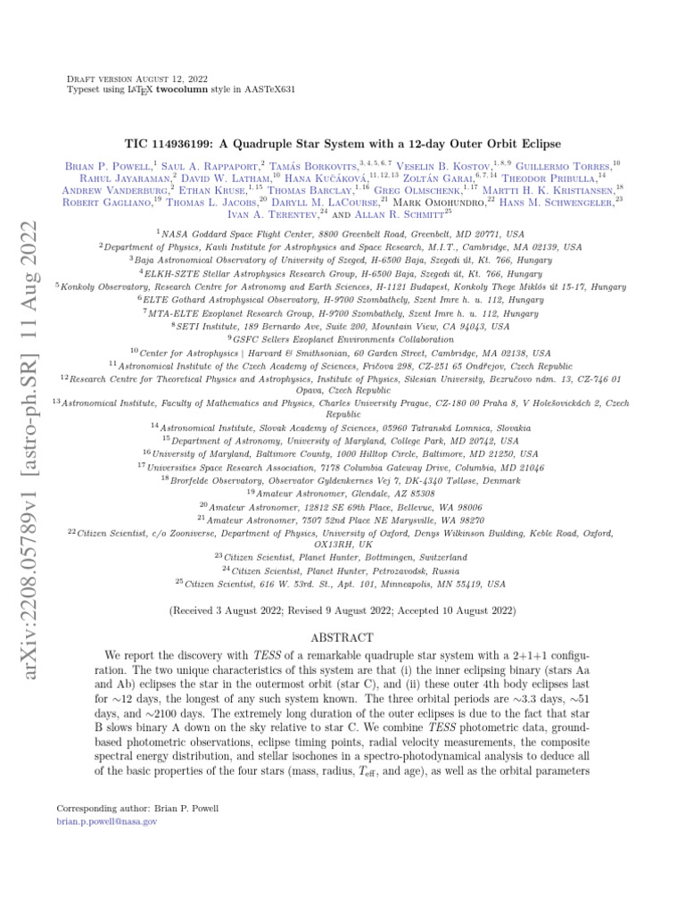 TIC 114936199 A Quadruple Star System With A 12-Day Outer Orbit Eclipse | PDF | Stars | Physical ...