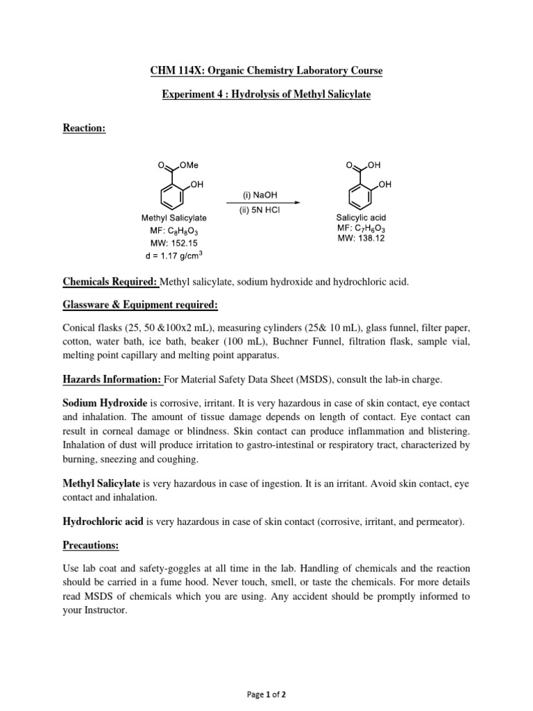 CHM 114 Exp 4 Hydrolysis of Methyl Salicylate | PDF | Filtration | Precipitation (Chemistry)