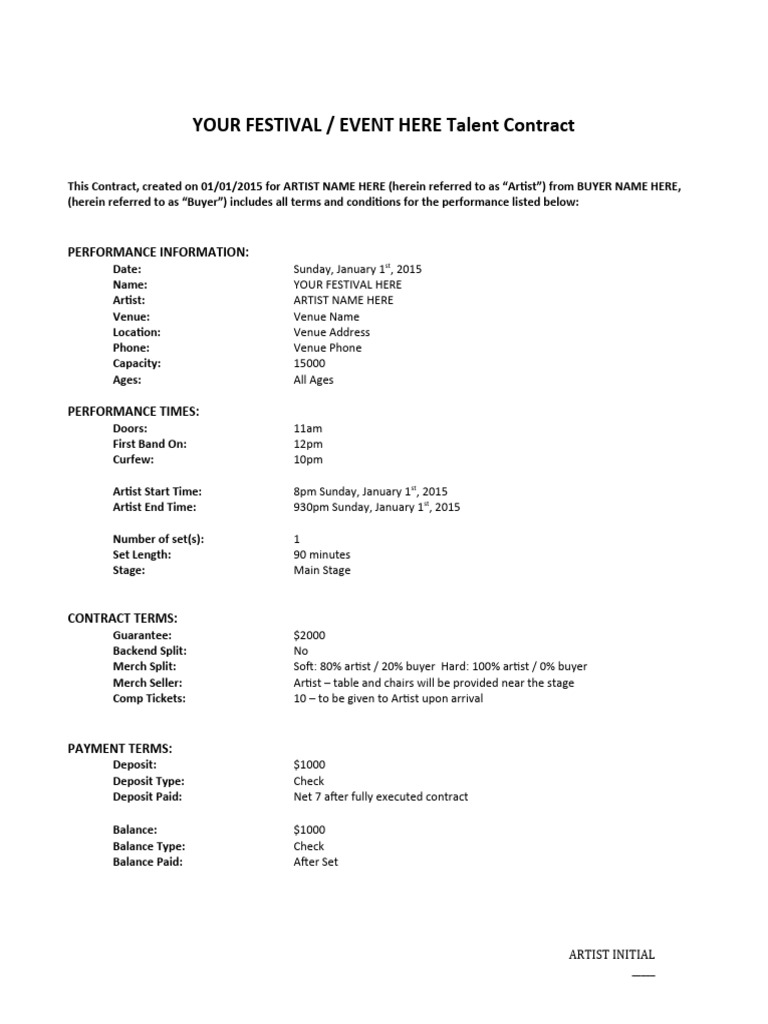 Festival Talent Contract Template | PDF