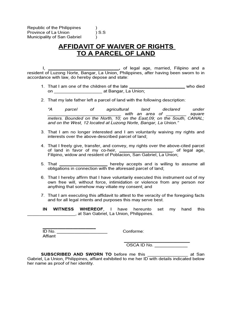 AFFIDAVIT OF Waiver of Rights Over A Parcel of Land | PDF | Affidavit ...