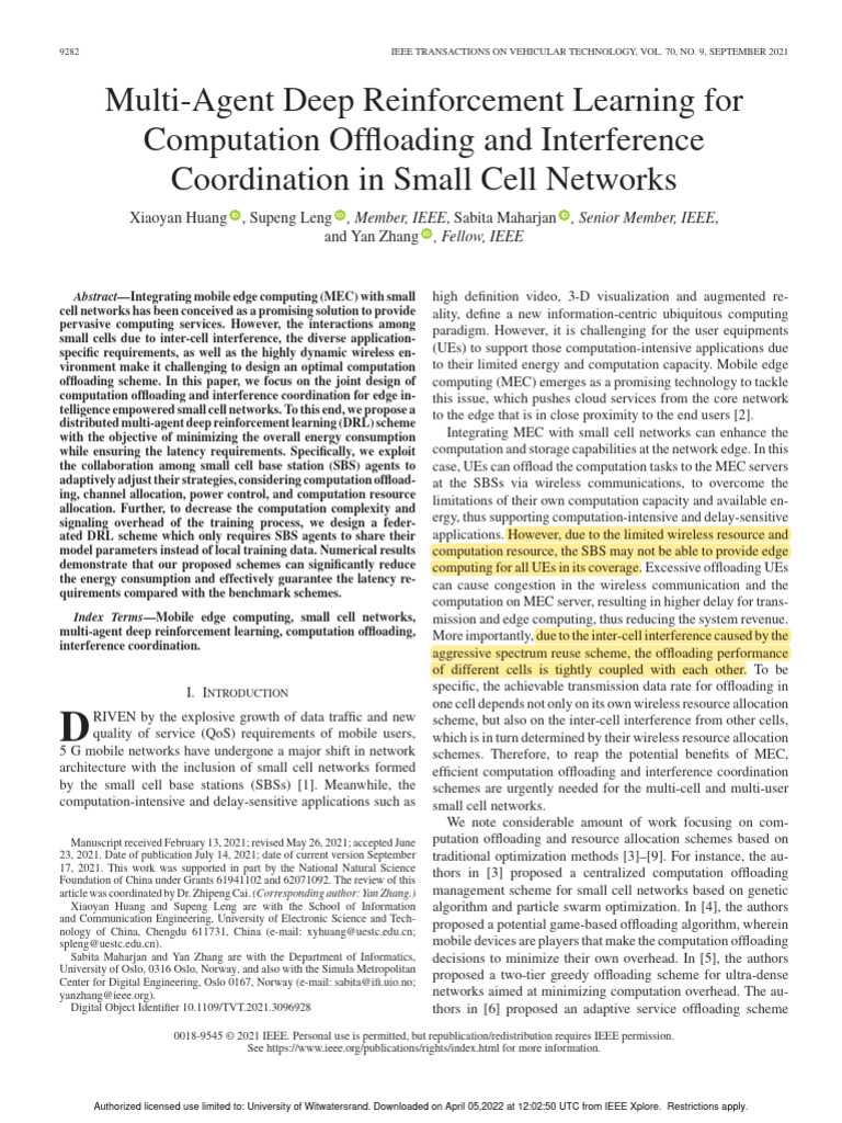 Multi Agent Deep Reinforcement Learning For Computation Offloading And Interference Coordination