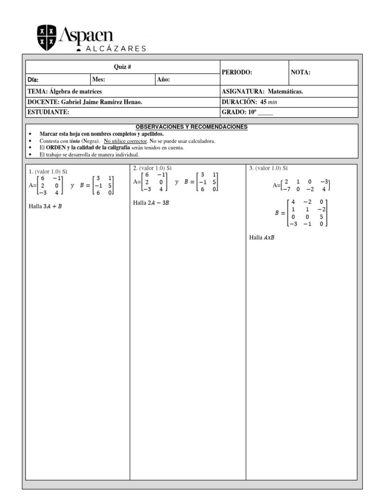 01 3P Algebra de Matrices | PDF