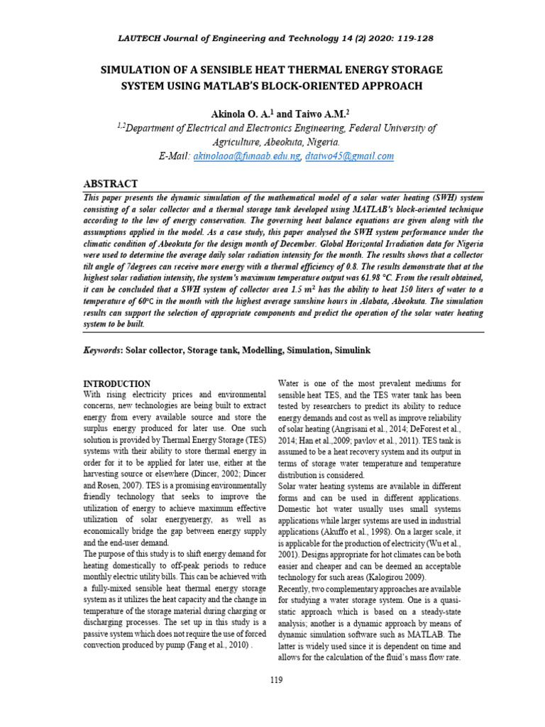 Simulation of A Sensible Heat Thermal Energy Storage System Using Matlab'S Block-Oriented ...