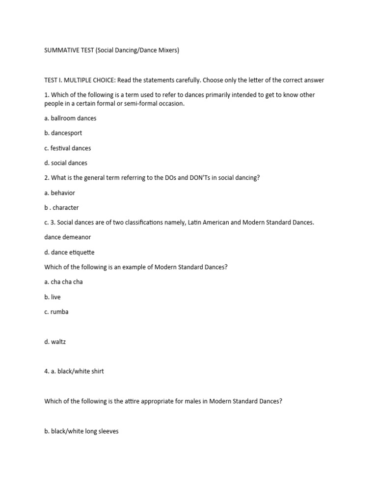 Social Dancing Test: Etiquette & Styles | PDF | Dances