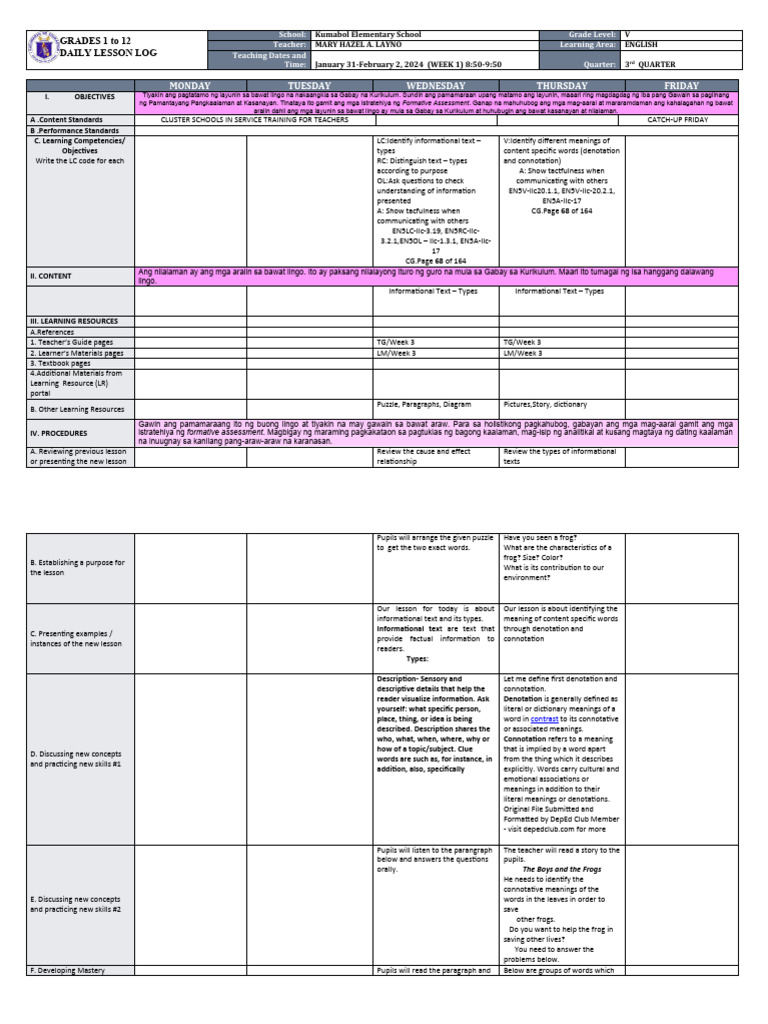 DLL - English 5 - Q3 - W1 | PDF | Learning | Cognitive Science