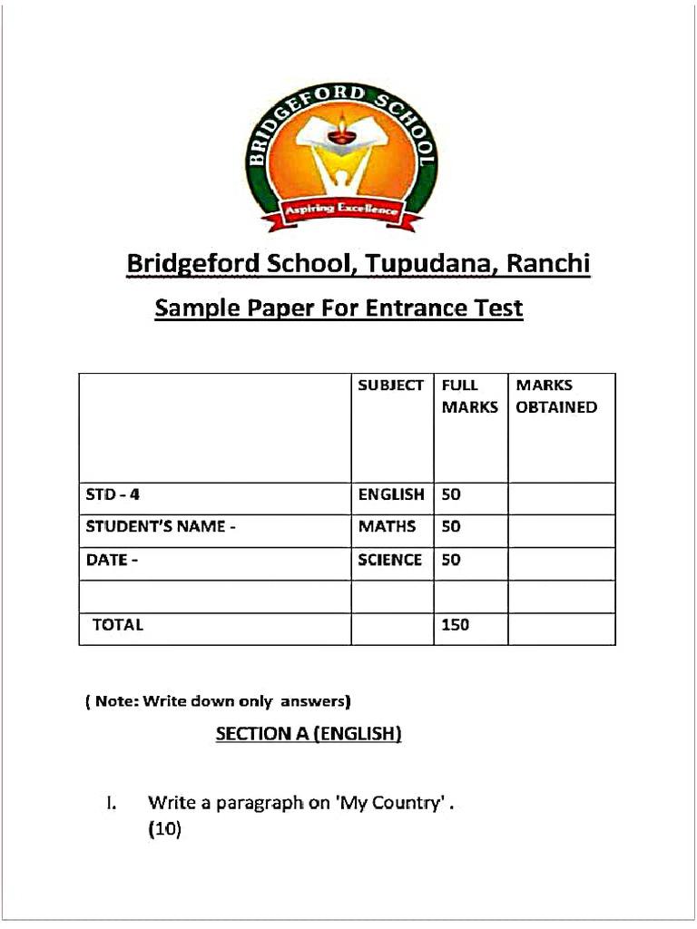 Sample Paper For Entrance Test Class 4 | PDF