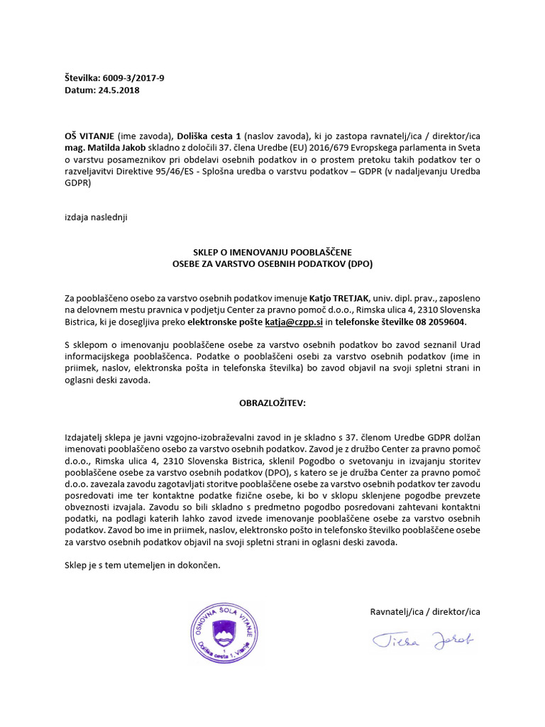 Sklep o Imenovanju DPO | PDF