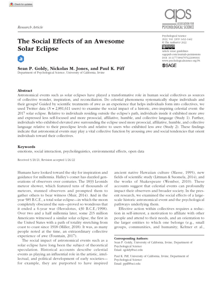 Goldy Et Al 2022 The Social Effects of An Awesome Solar Eclipse | PDF | Emotions | Top Down And ...