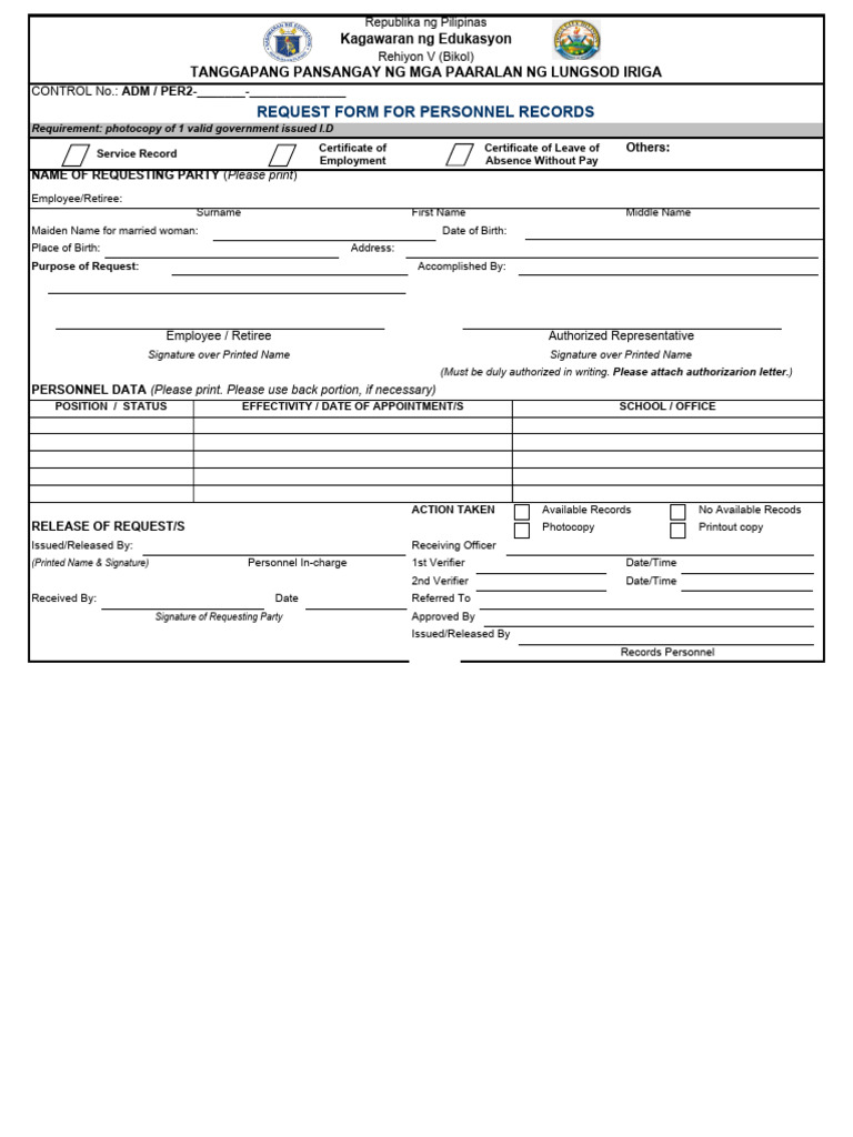 Personnel Records Request Form | PDF | Written Communication