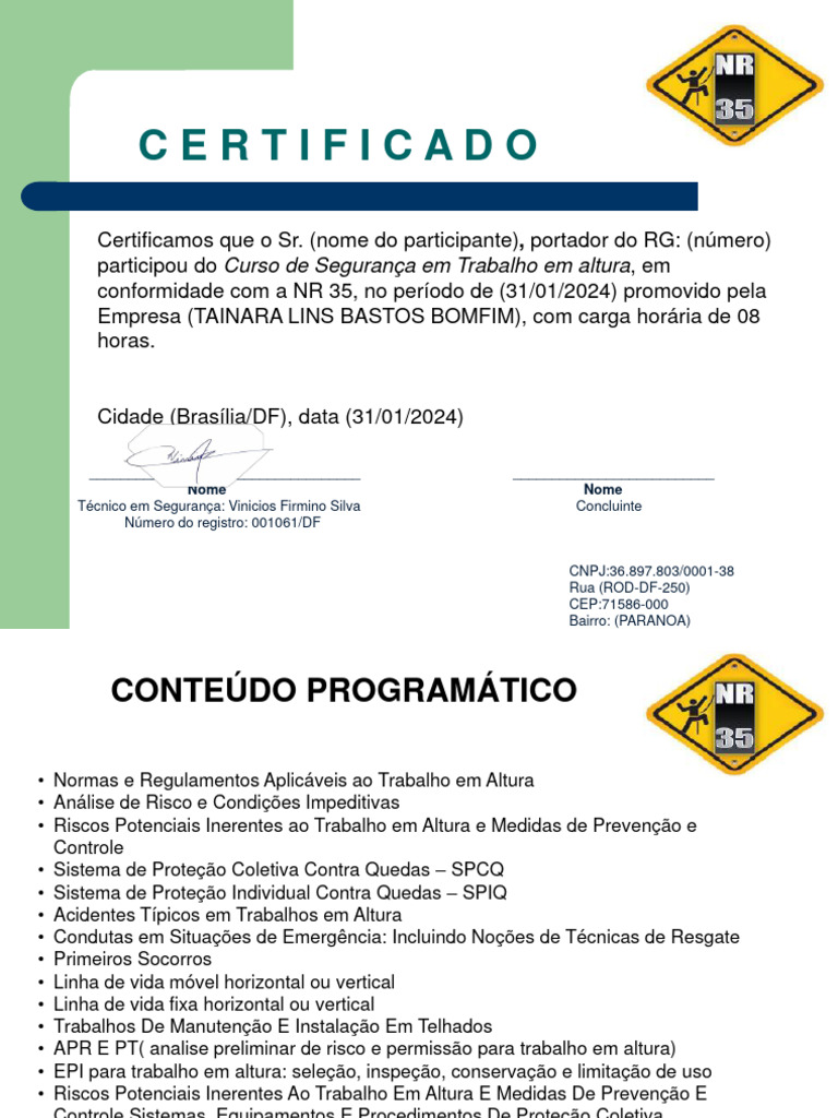 Certificado de Treinamento de NR 35 2 | PDF