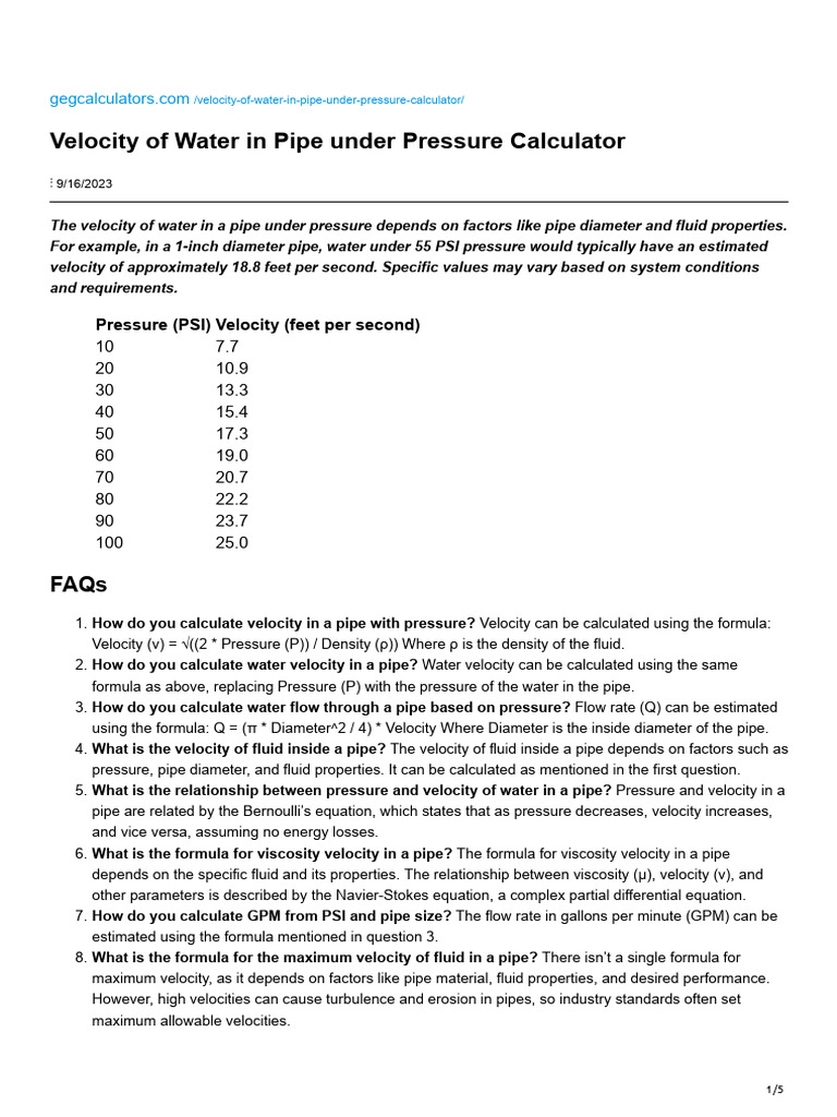 Water Velocity Calculation in Pipes | PDF | Fluid Dynamics | Pressure
