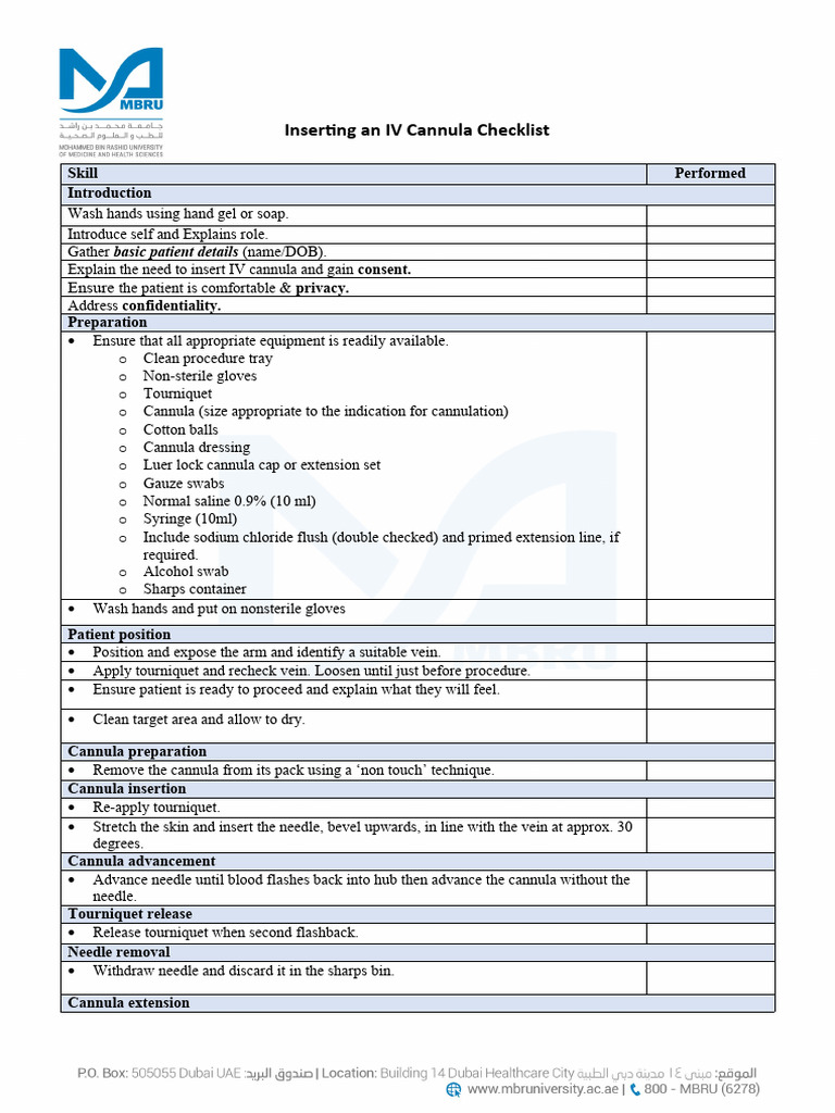 IV Cannulation Checklist | PDF | Science & Mathematics
