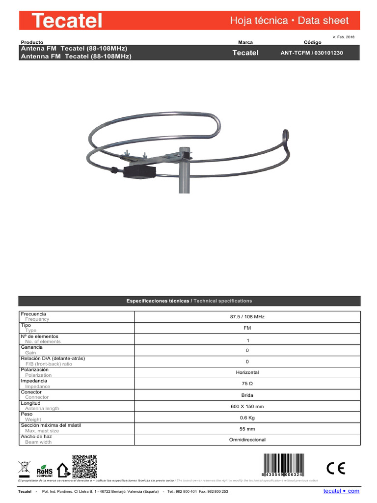 Antena FM Tecatel 88-108 MHz Especificaciones | PDF | Ingeniería de ...