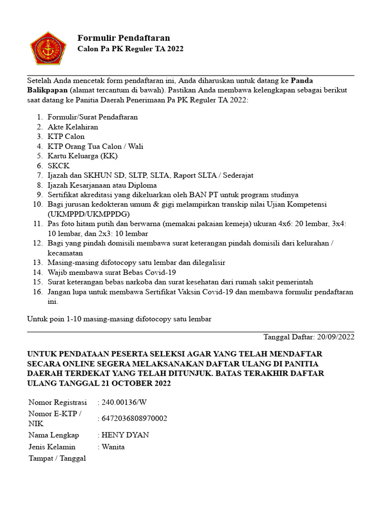 Form Pendaftaran PA PK TNI | PDF