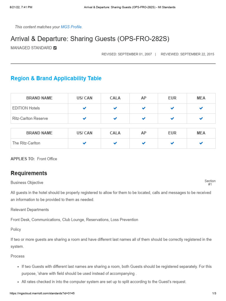 Arrival & Departure - Sharing Guests (OPS-FRO-282S) - MI Standards ...