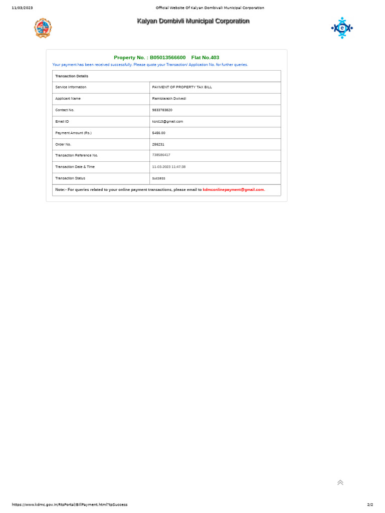 KDMC Property Tax Payment Confirmation | PDF