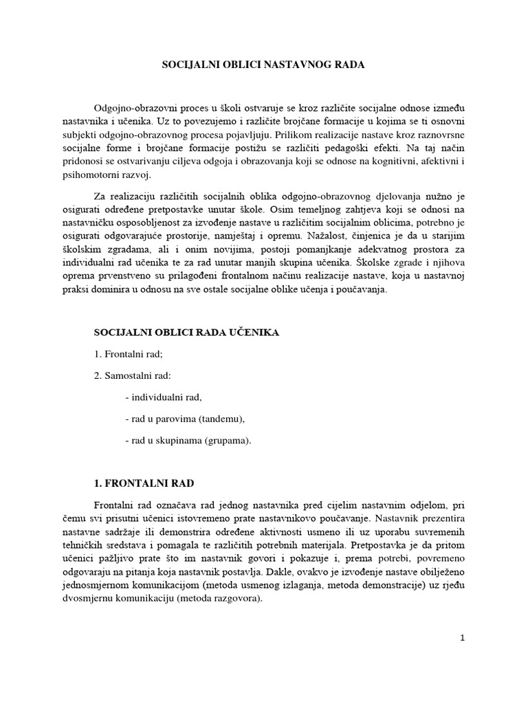 Socijalni Oblici Nastavnog Rada | PDF